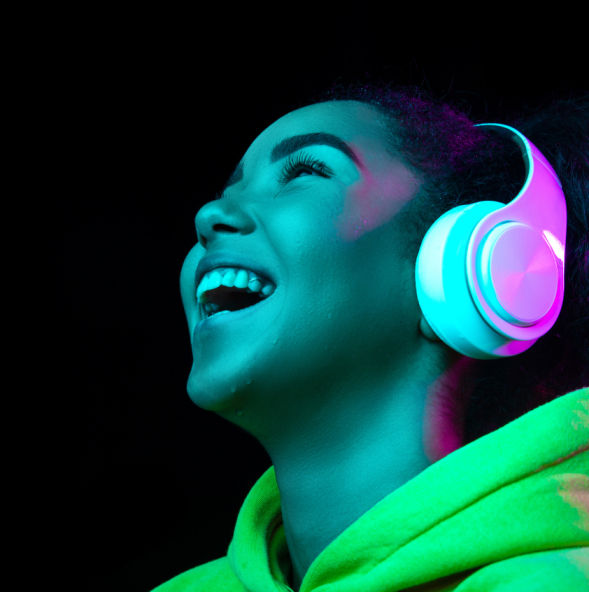 A girl with headphones on